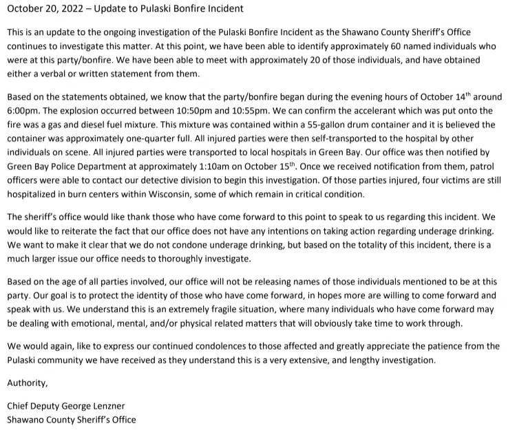 Shawano County Sheriff’s Office provides update on bonfire explosion ...