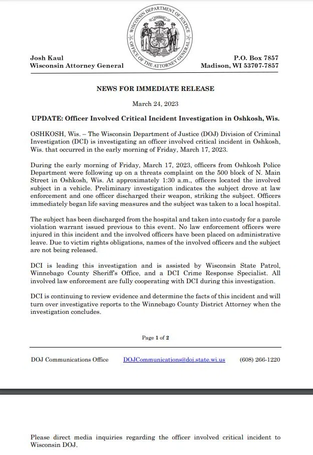 State Department of Justice provides update on Oshkosh officer-involved ...