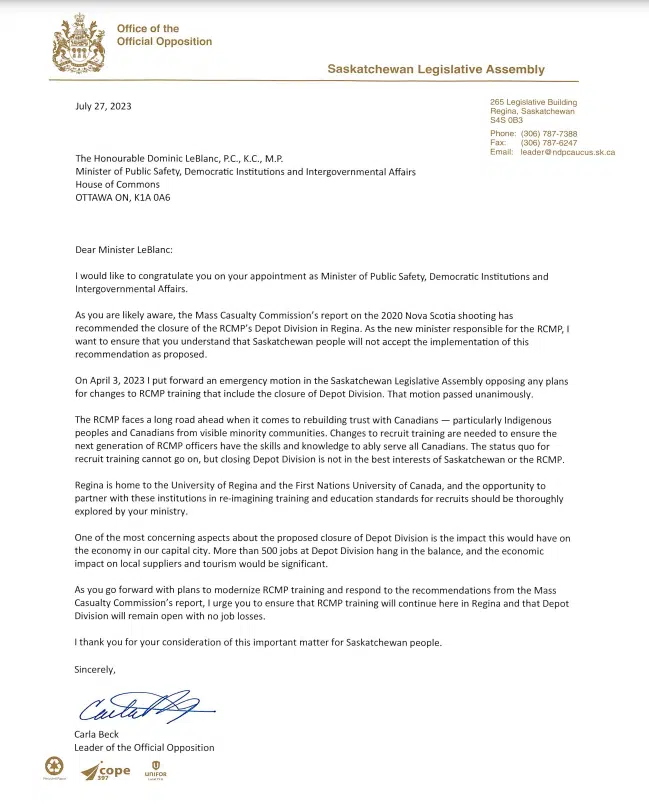 Carla Beck urges new federal minister to keep Regina RCMP Depot open ...