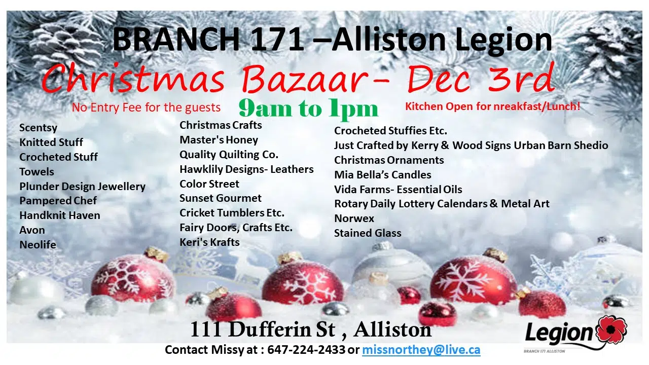 Alliston Legion to host a Christmas Bazaar! | FM92 South Simcoe Today