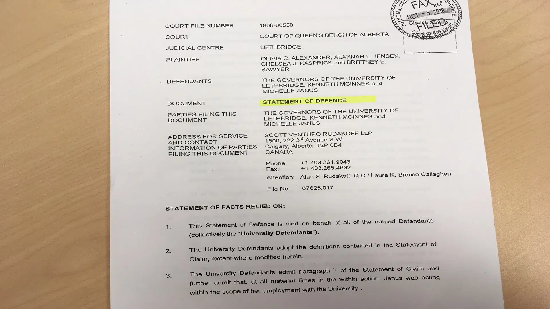 U-of-L files statement of defence calling allegations against ...