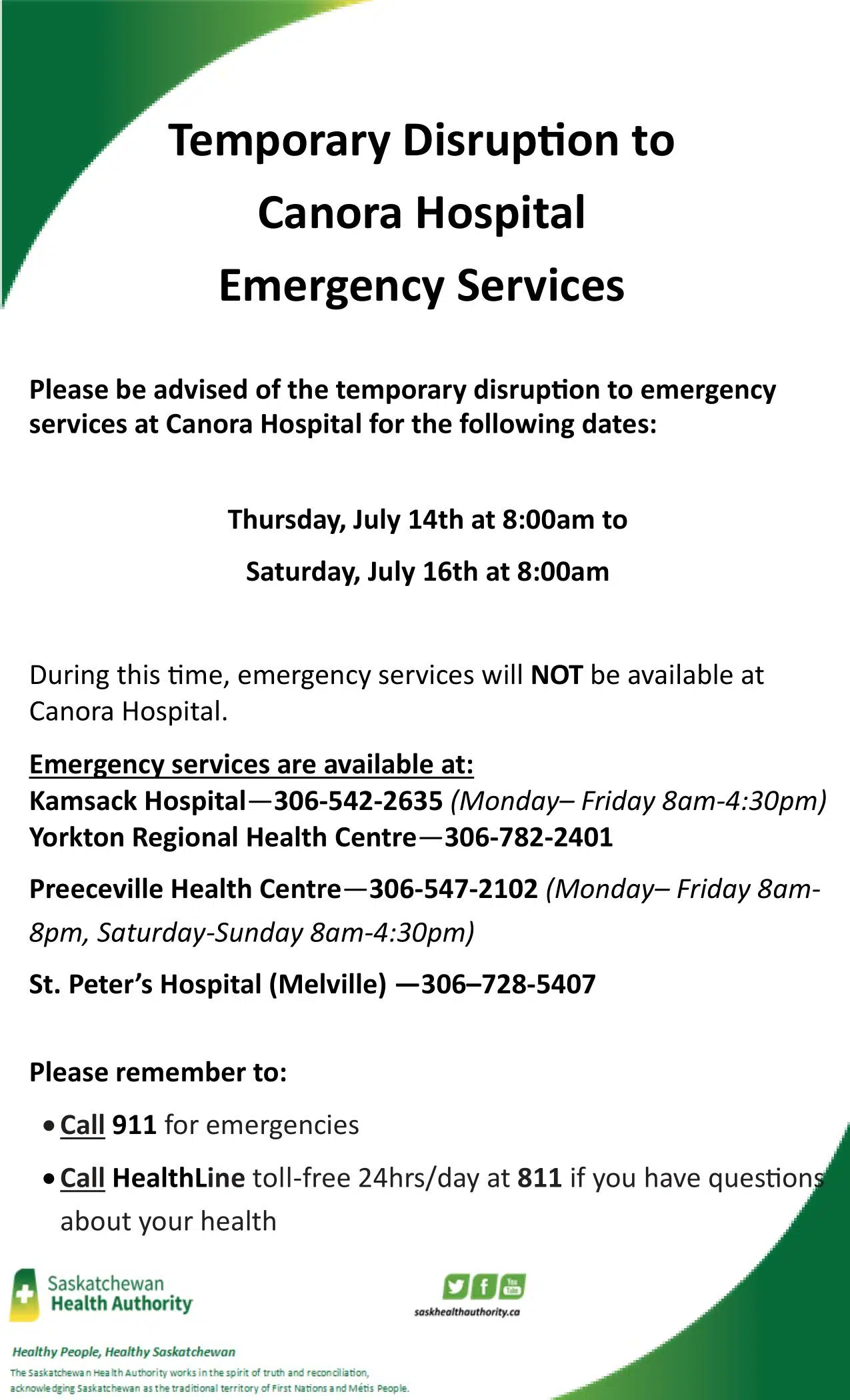 Temporary emergency service disruption at the Canora hospital | GX94 ...
