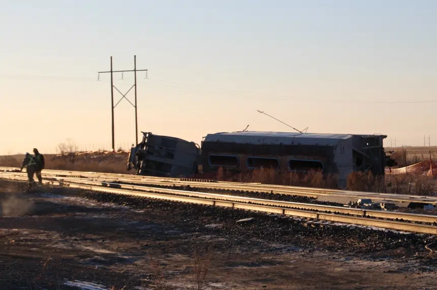Train cars flipped sideways after derailment near Watrous | 980 CJME
