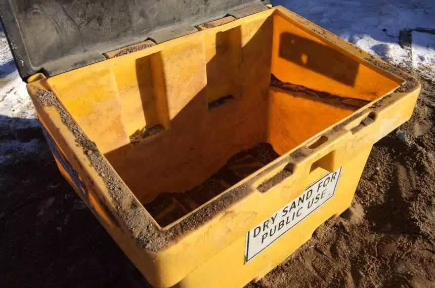 Bins of free sand for sidewalk ice control emptying quickly | 980 CJME