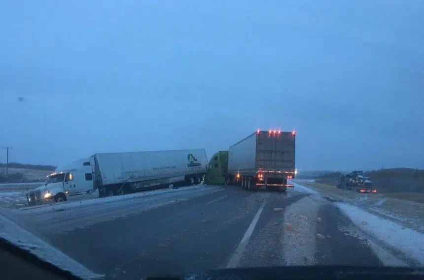 3 semis crash on Hwy 1, road conditions ‘hazardous:’ RCMP | 980 CJME