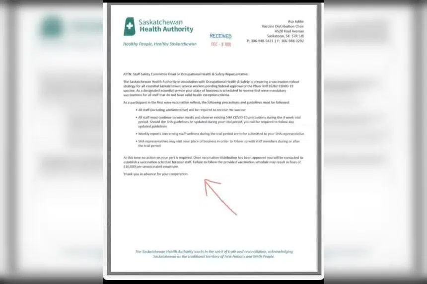 Memo claiming unvaccinated staff will be fined is fake: SHA | 980 CJME